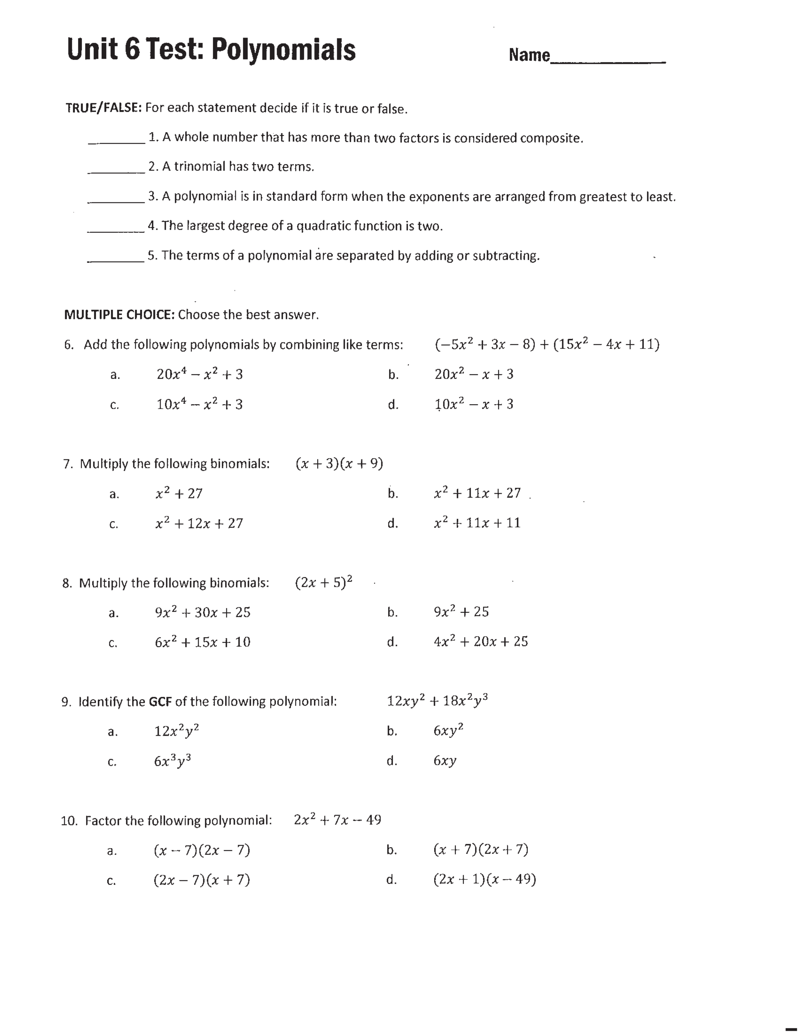 Polynomials Test - Tiffany Fowler | Library | Formative