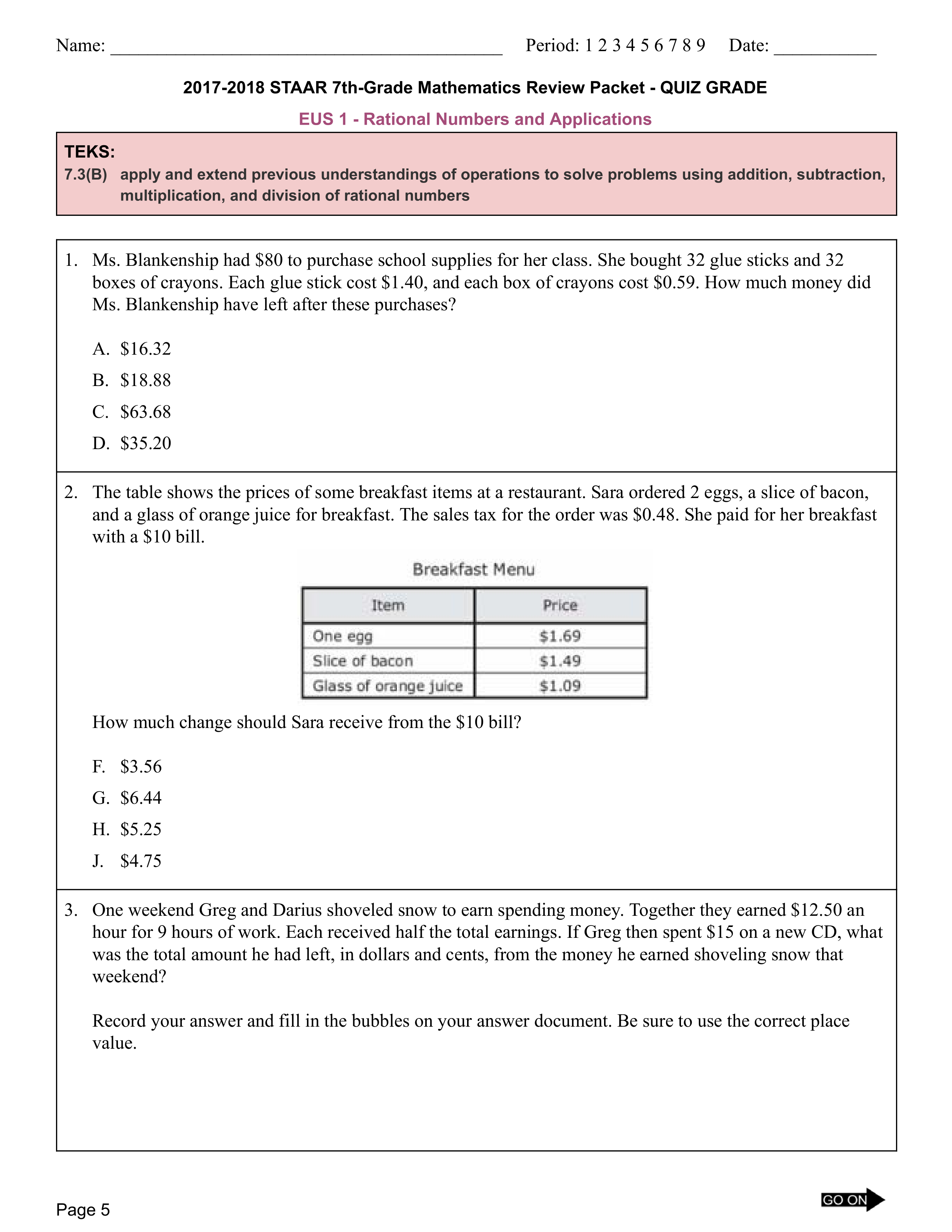2017 2018 STAAR 7th Grade Mathematics Review Packet Jenny Santiano