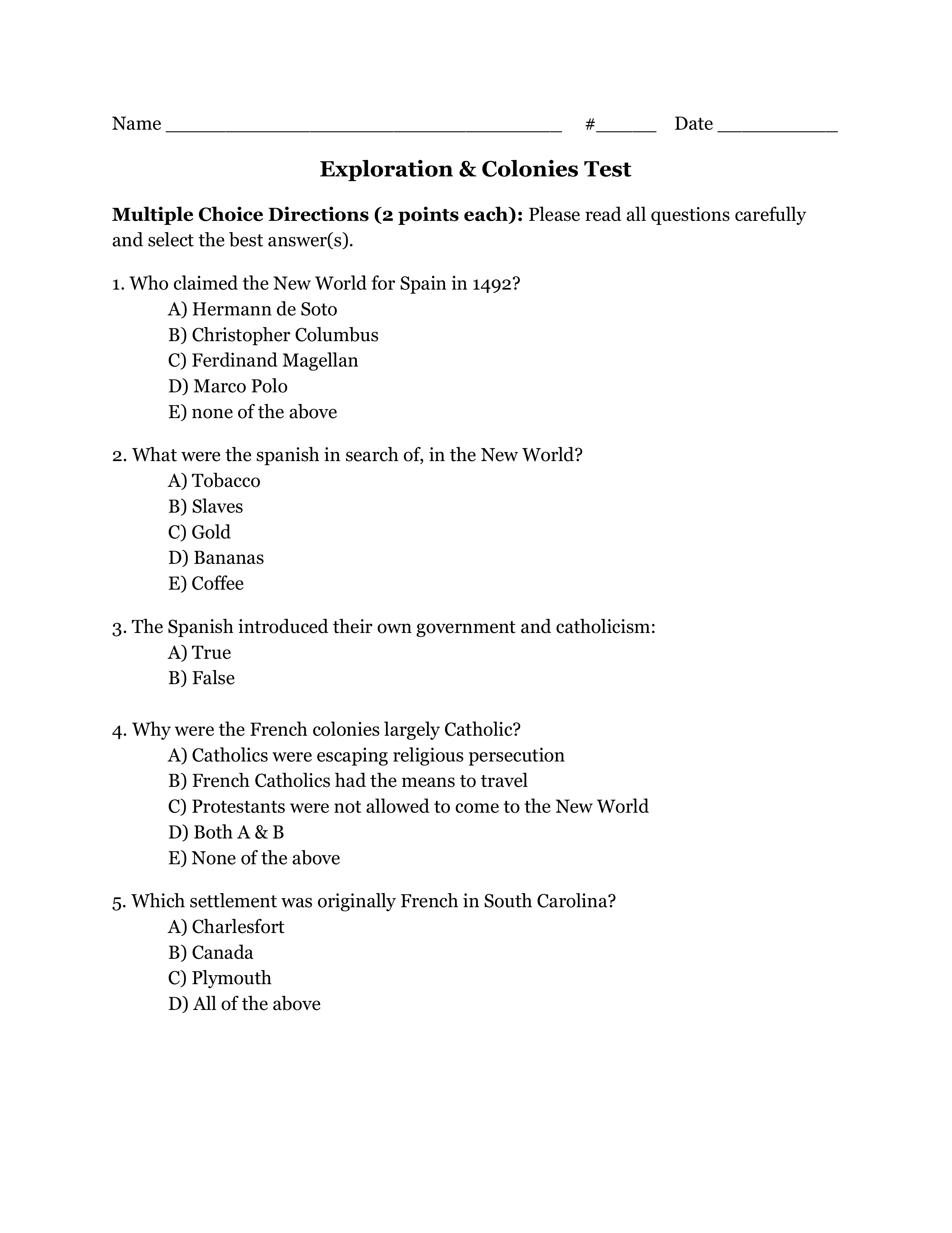 Exploration & Colonies Test - Craige Roberts | Library | Formative