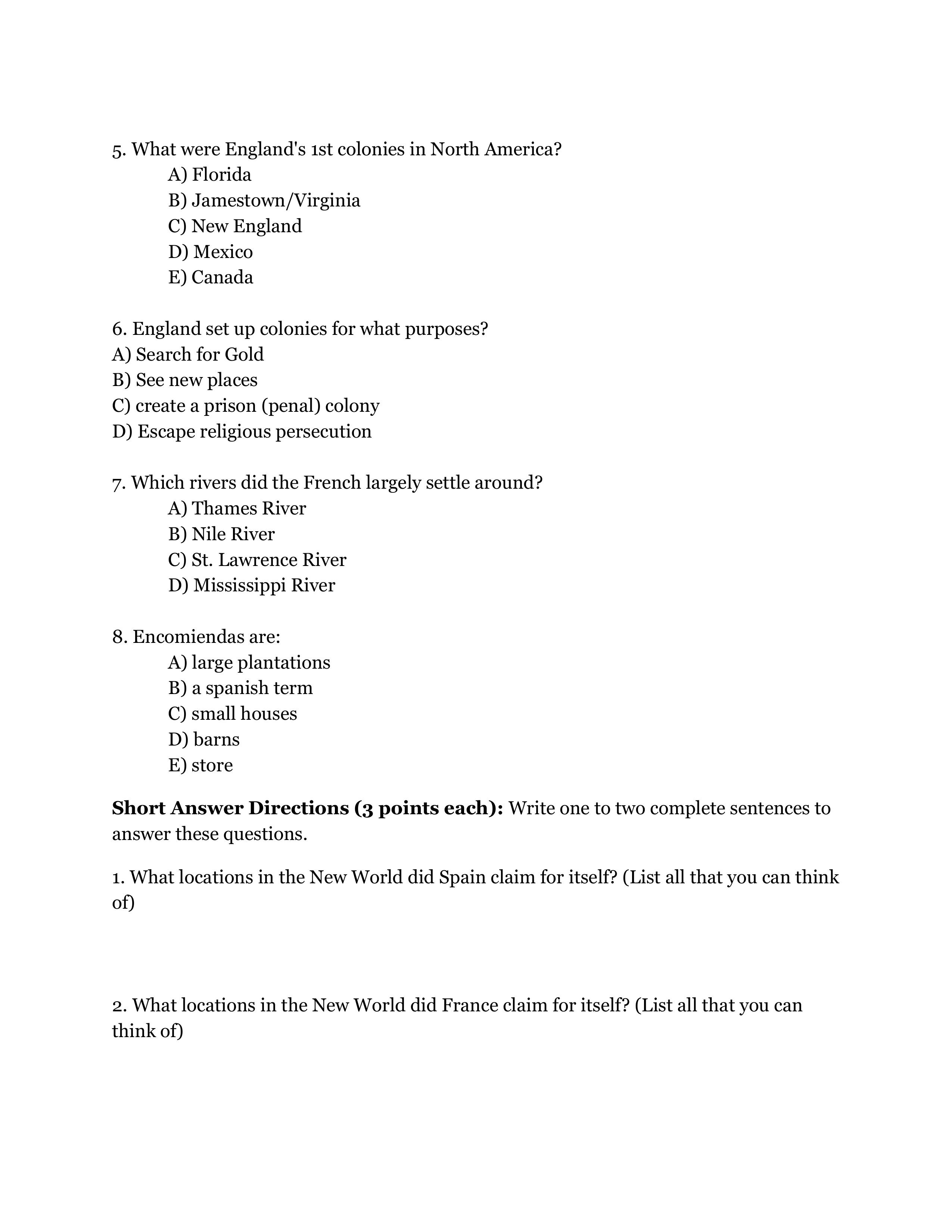 Exploration & Colonies Test - Craige Roberts | Library | Formative