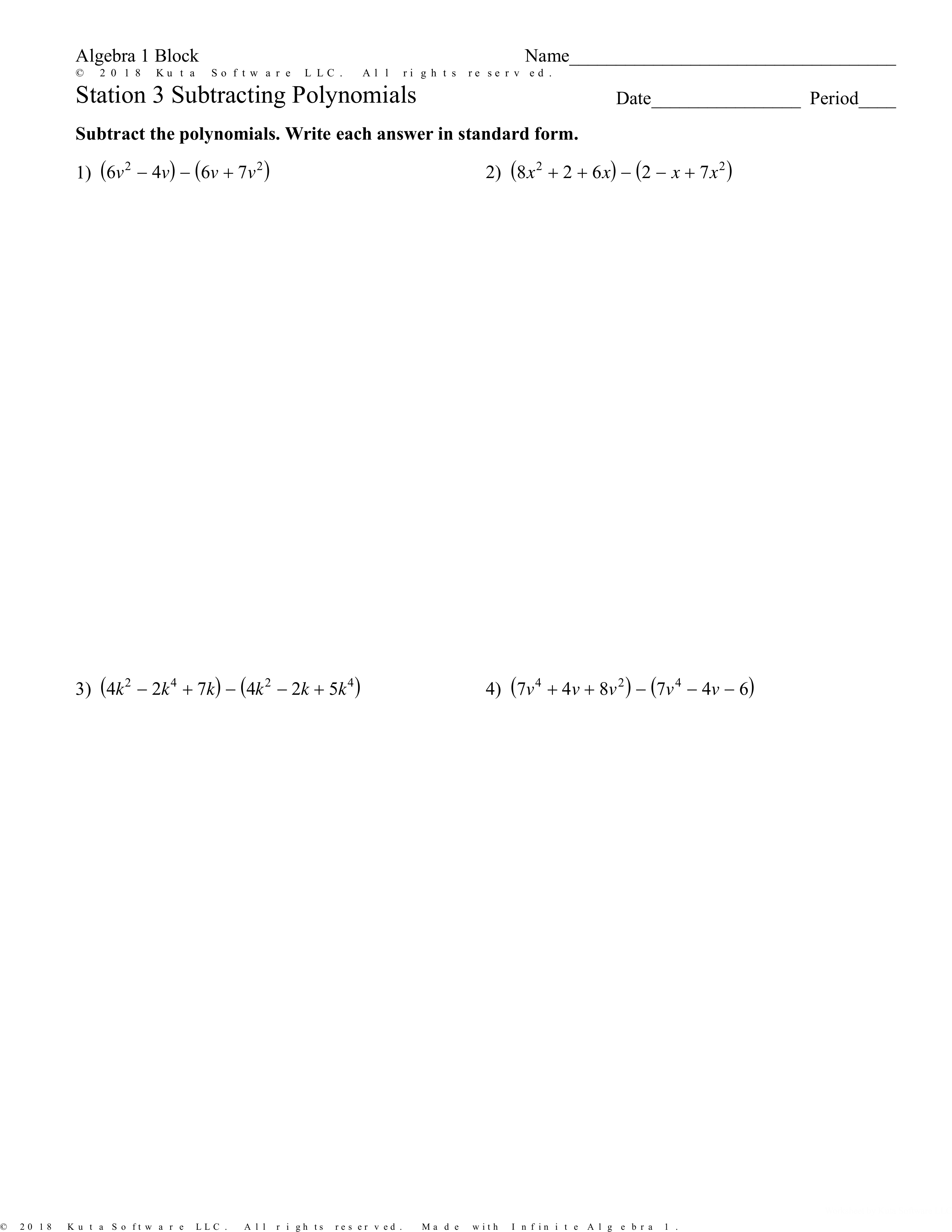 Station 3 - Subtracting Polynomials - Math Teachers | Library | Formative